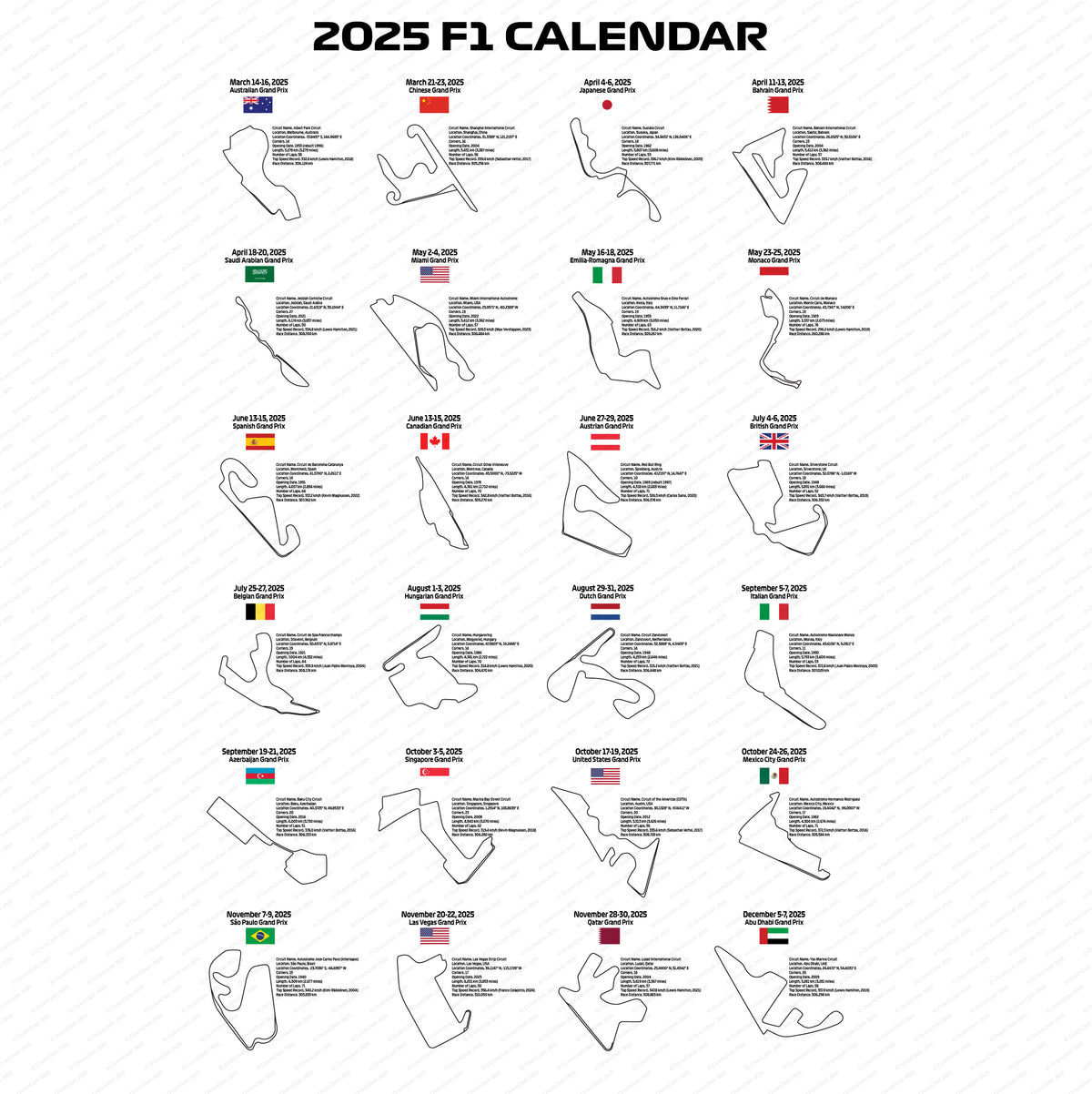 2025 Formula 1 Calendar Poster – F1 Race Schedule & Track Info ...